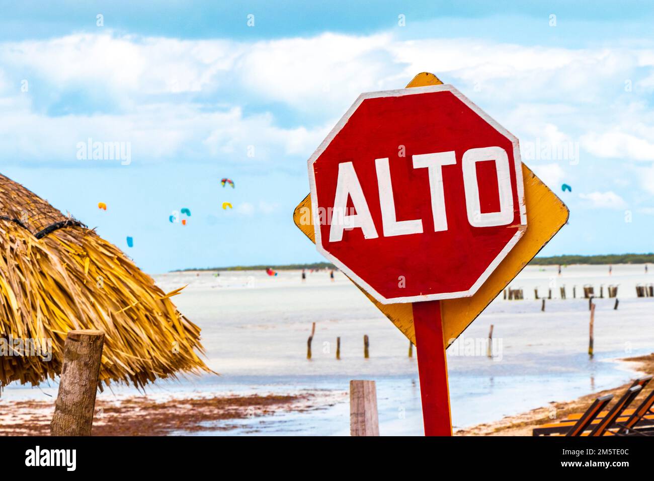 Traffic signs and road signs directional on Isla Holbox island in ...