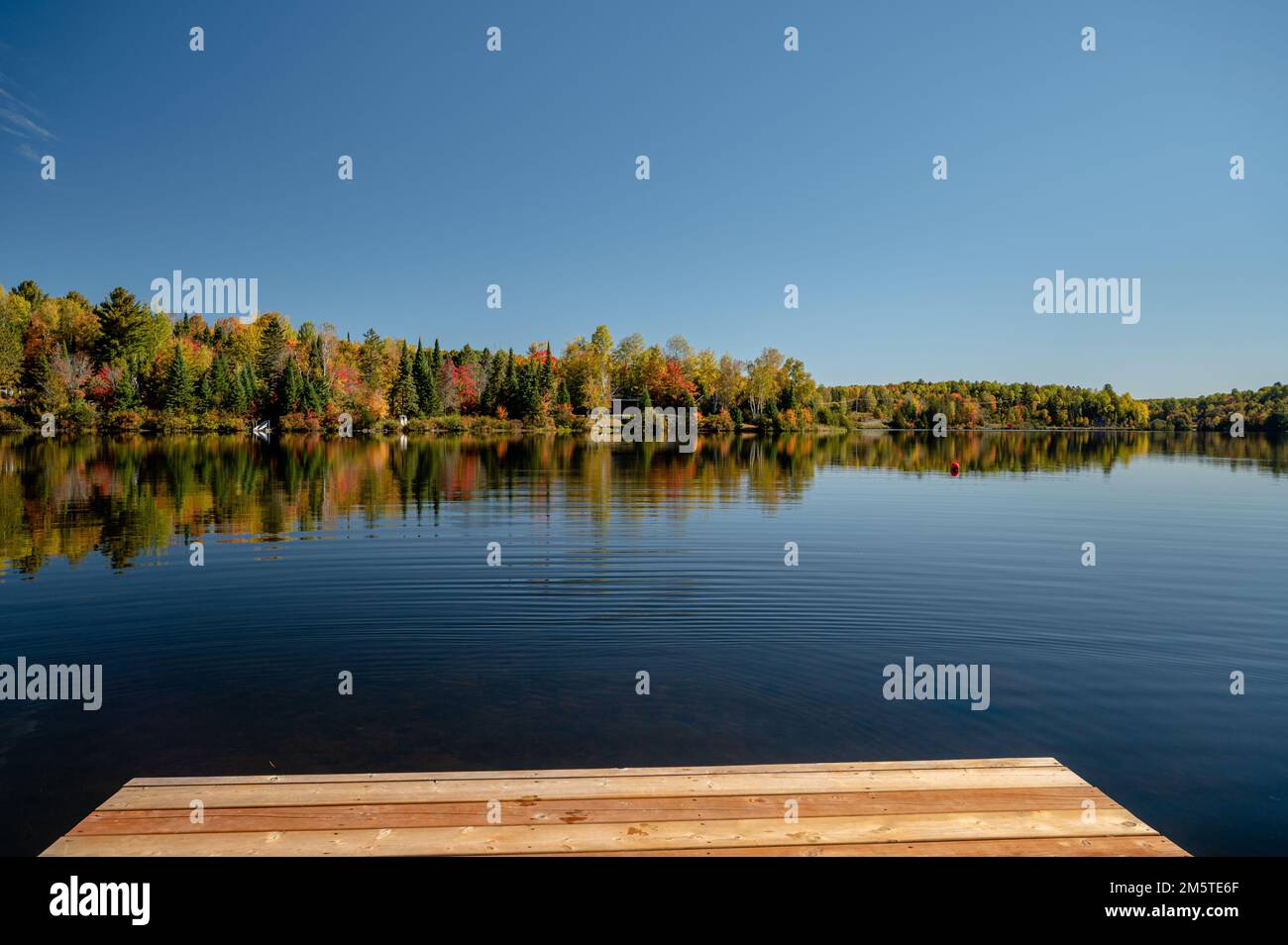 A dock and the autumn trees reflecting on lac Fairburn, Quebec Stock ...