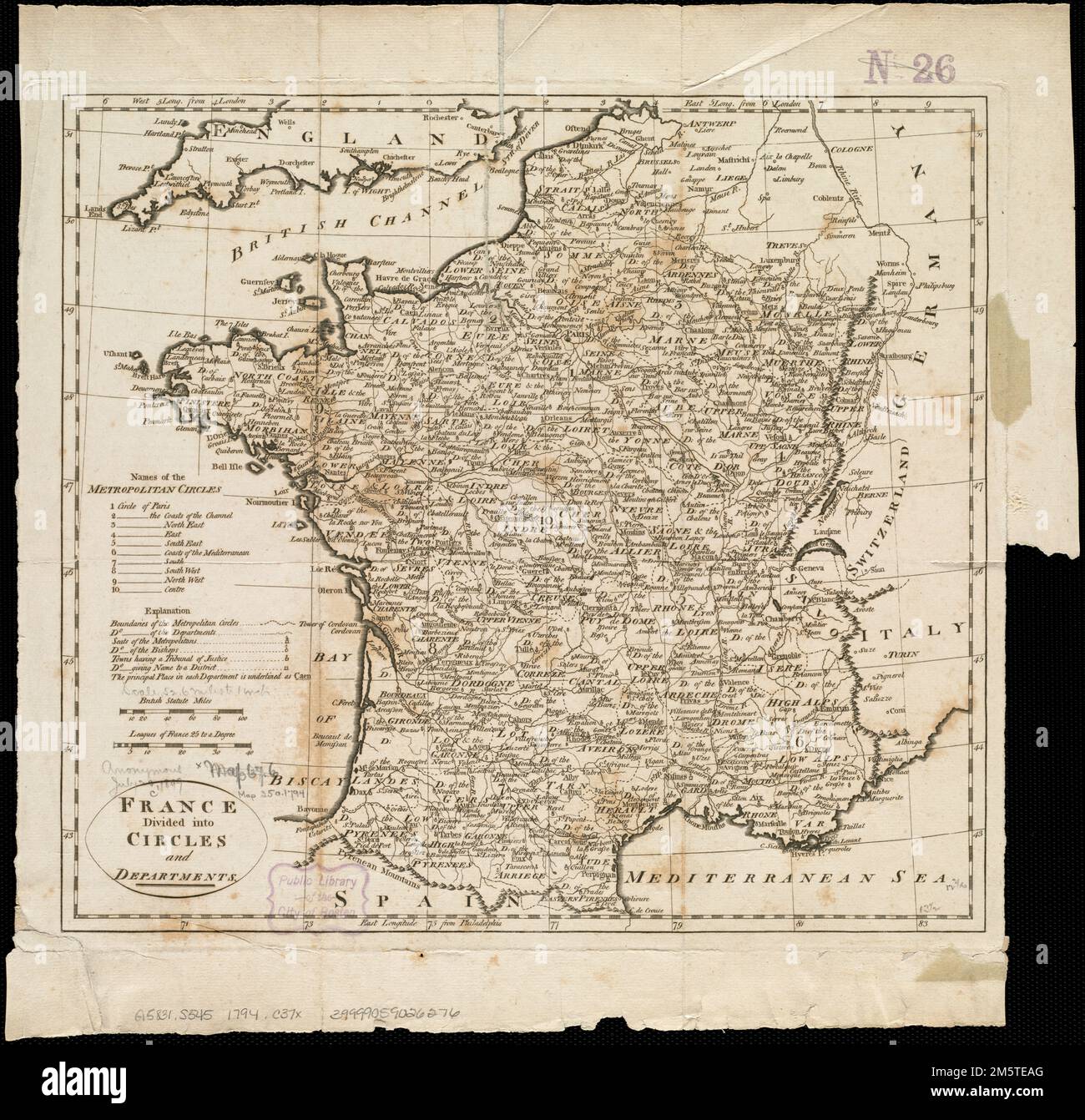 France divided into circles and departments. Relief shown pictorially ...