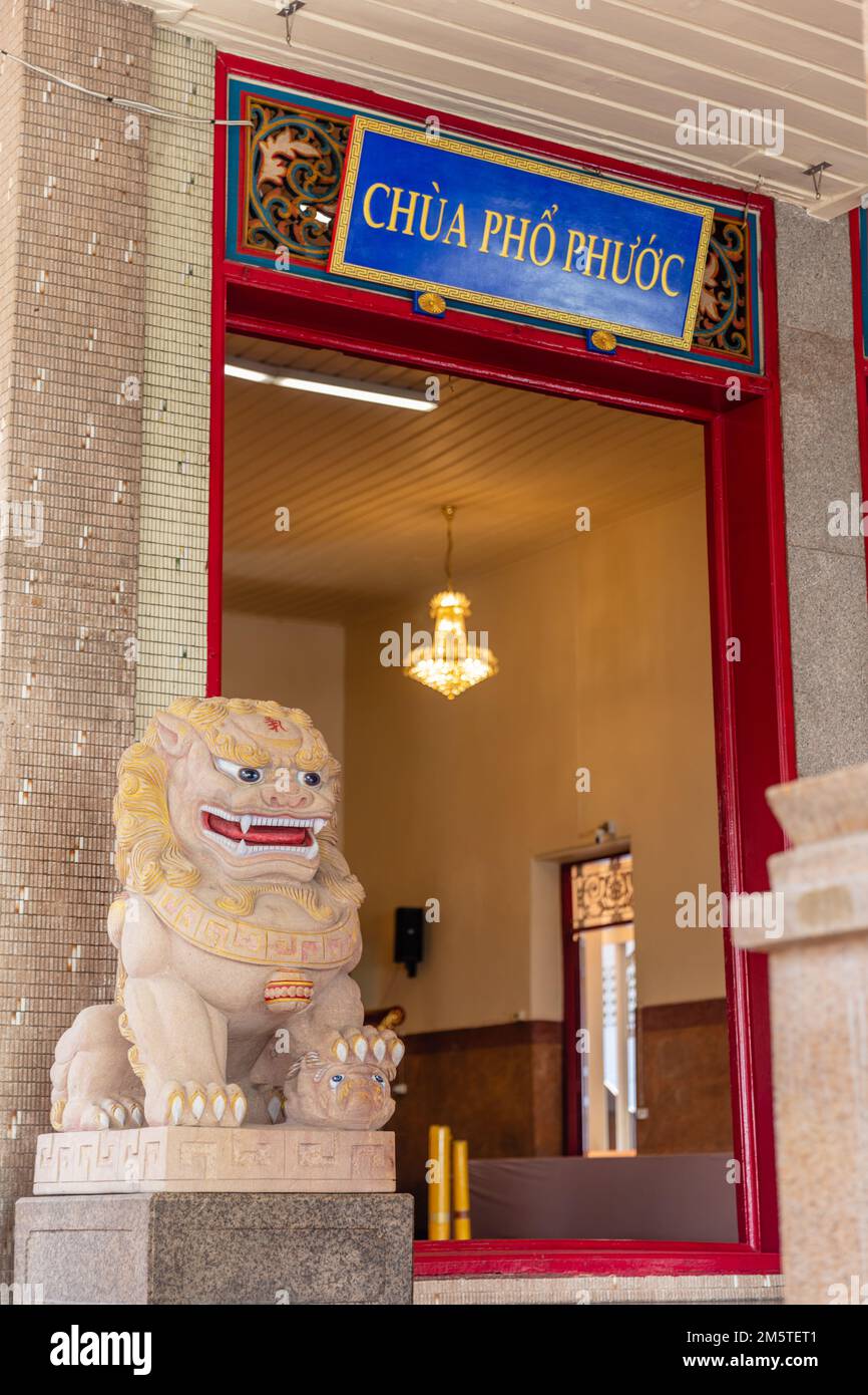 Guardian lion shishi at Wat Kuson Samakhon or Chua Pho Phuok, Vietnamese Buddhist temple ...