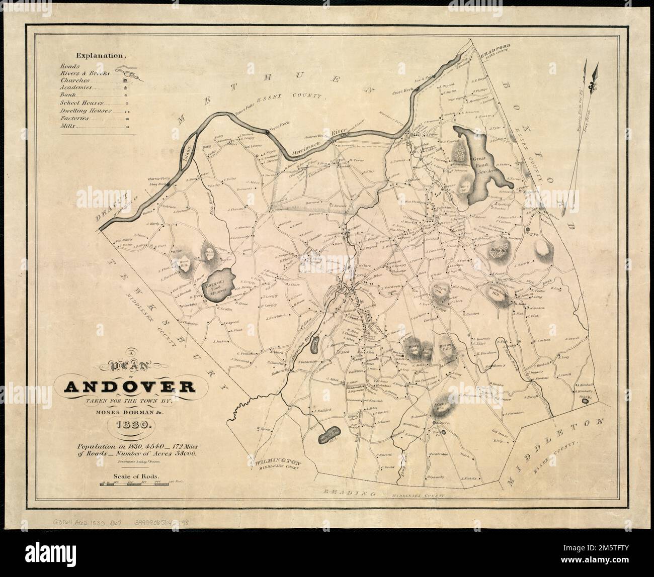 A plan of Andover taken for the town. Shows buildings with names of property owners. Covers also ...