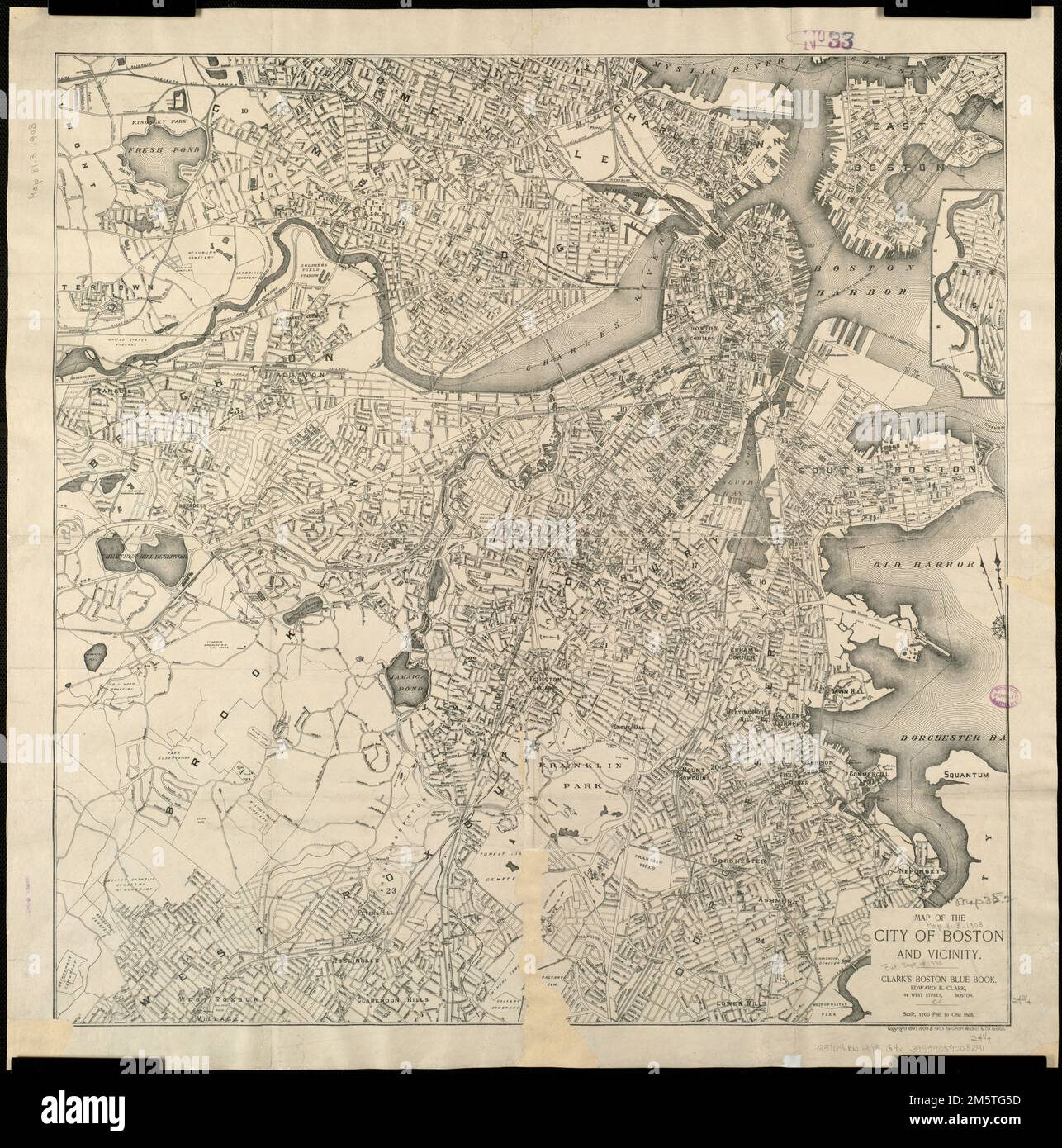 Map of the city of Boston and vicinity. Oriented with north toward the ...