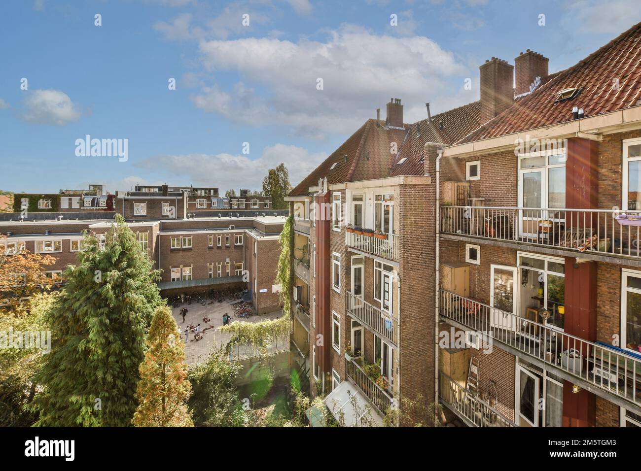 some buildings with balks on the top and trees in the bottom right hand ...