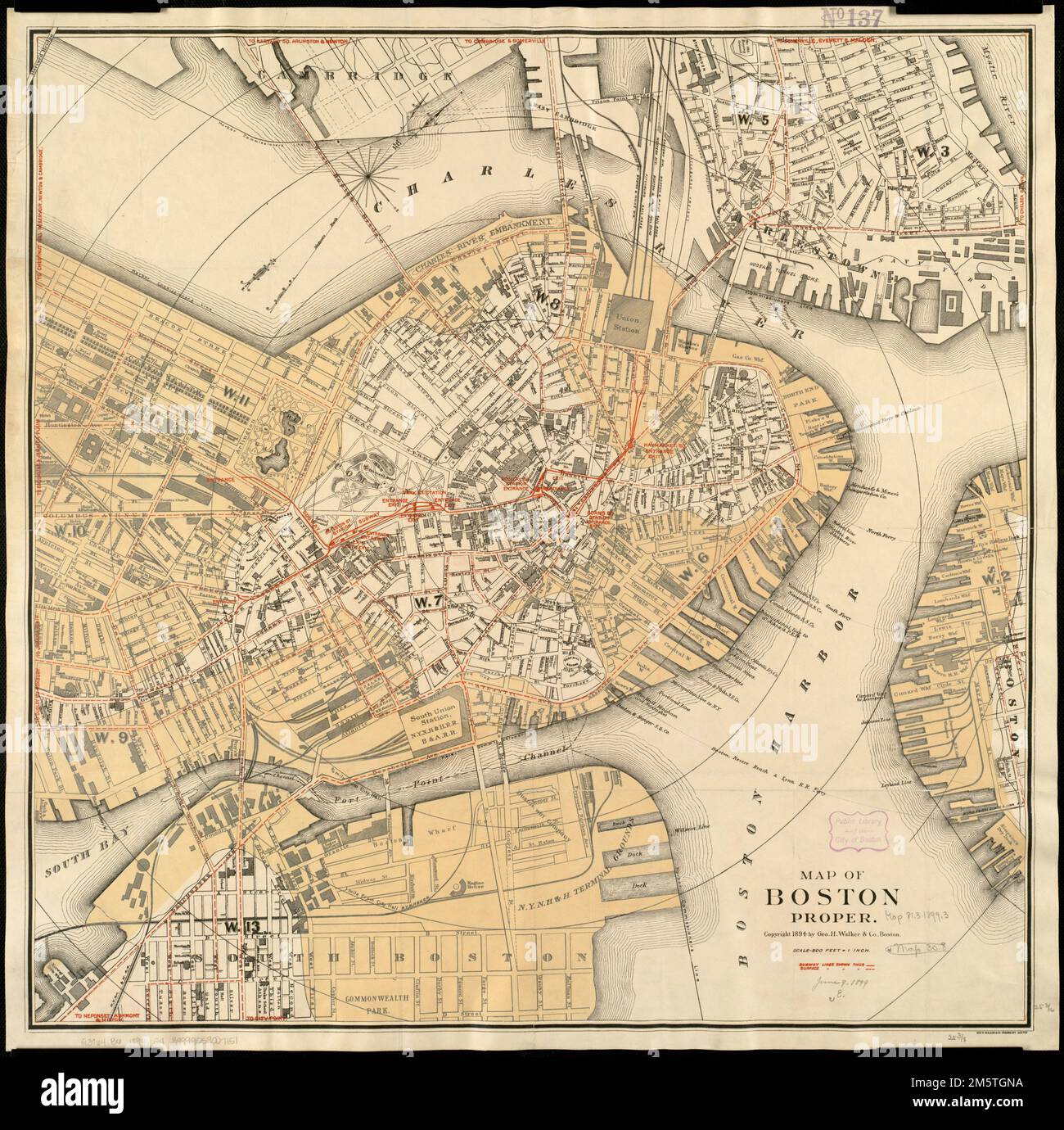 Map of Boston proper. Shows also names of selected buildings and subway ...