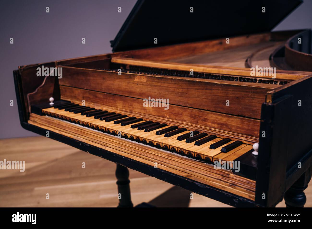 Old wooden piano keys on wooden musical instrument in front view. High ...