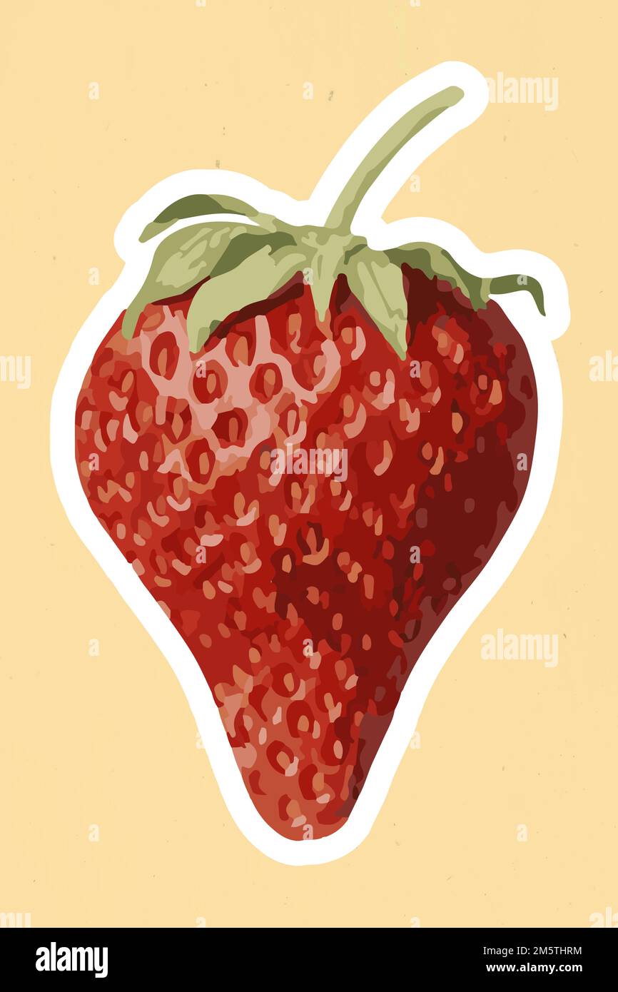 Vectorized strawberry fruit sticker overlay with a white border on a ...