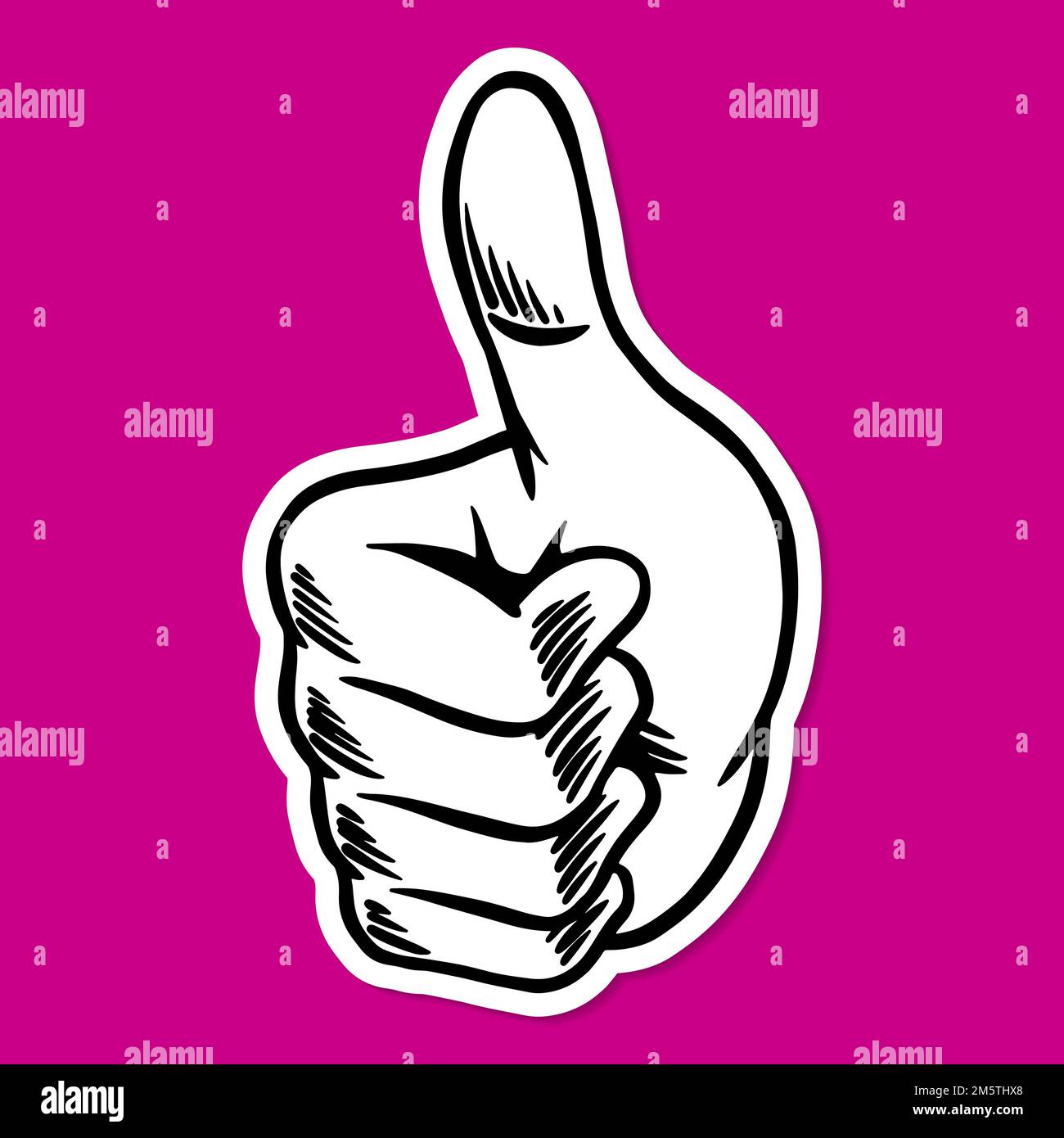 Thumbs up outline sticker overlay with a white border on a magenta pink ...