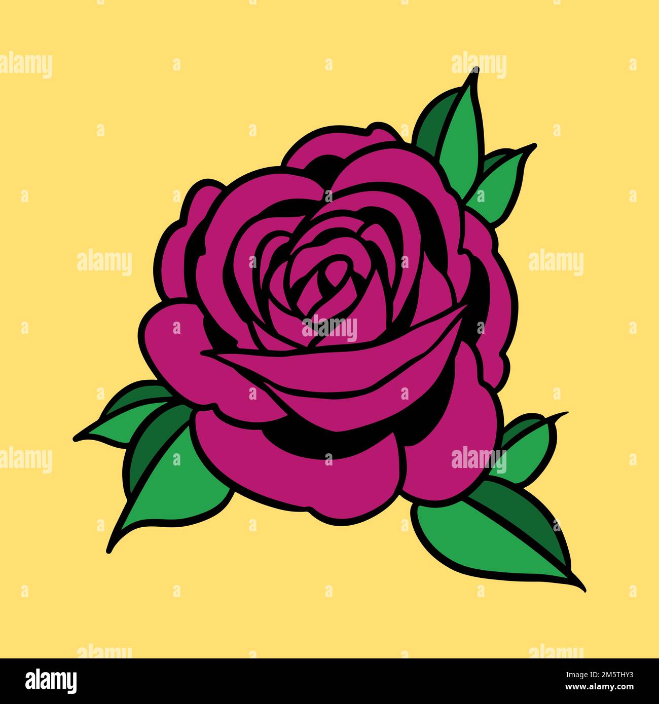 Magenta pink rose flower sticker tattoo overlay on a yellow background ...