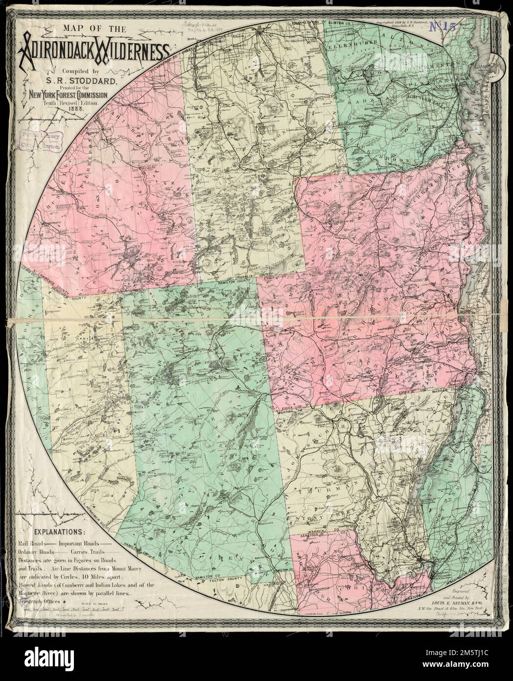 Map of the Adirondack wilderness. Shows natural features, railroads ...