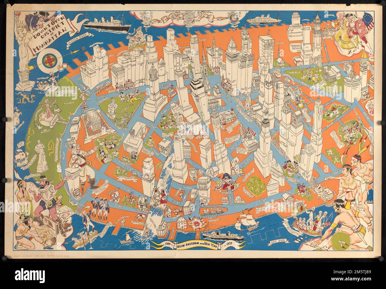 Downtown district of Manhattan. Pictorial map. Oriented with north to ...