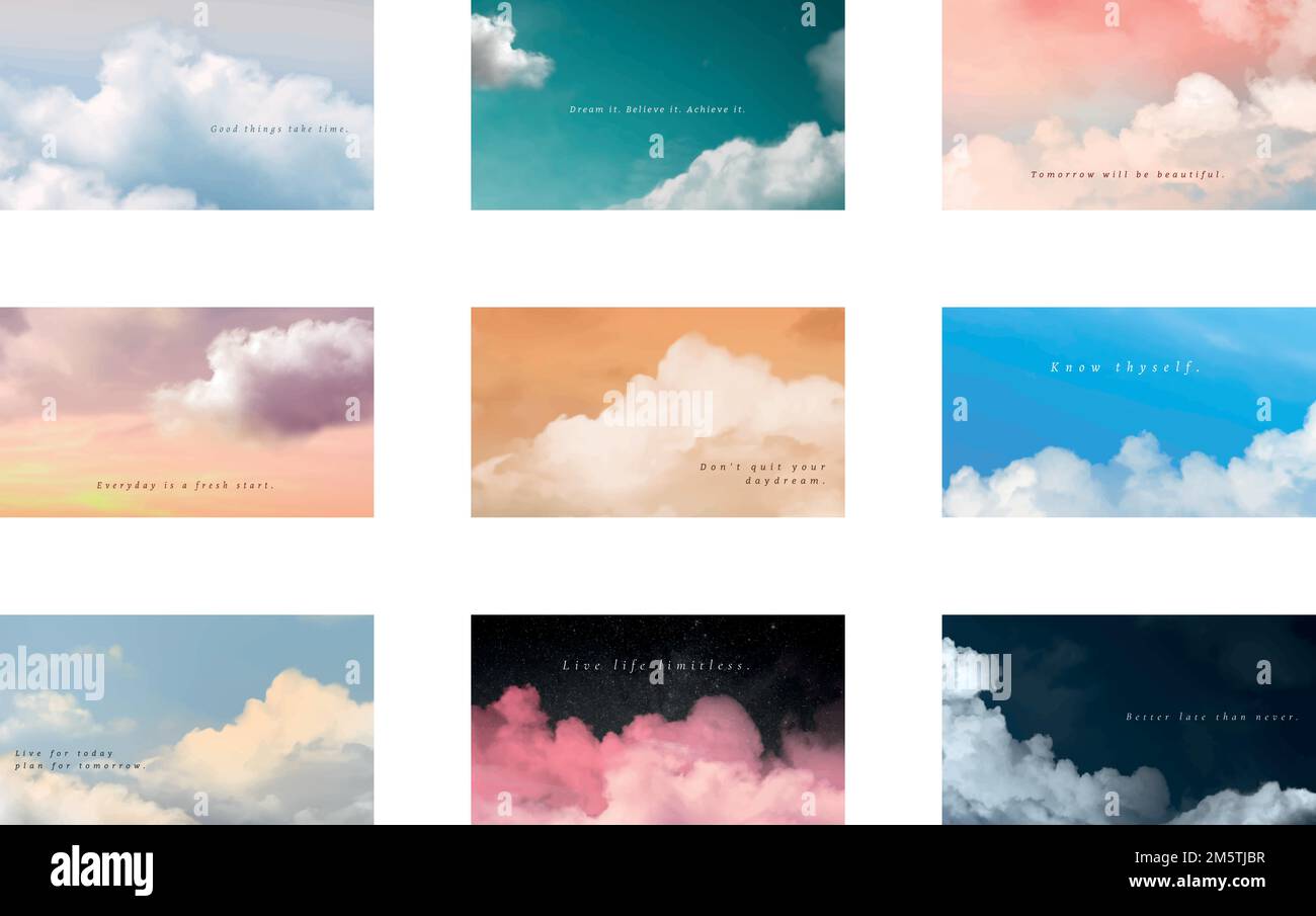 Sky and clouds vector presentation template with dreamy quote set Stock ...