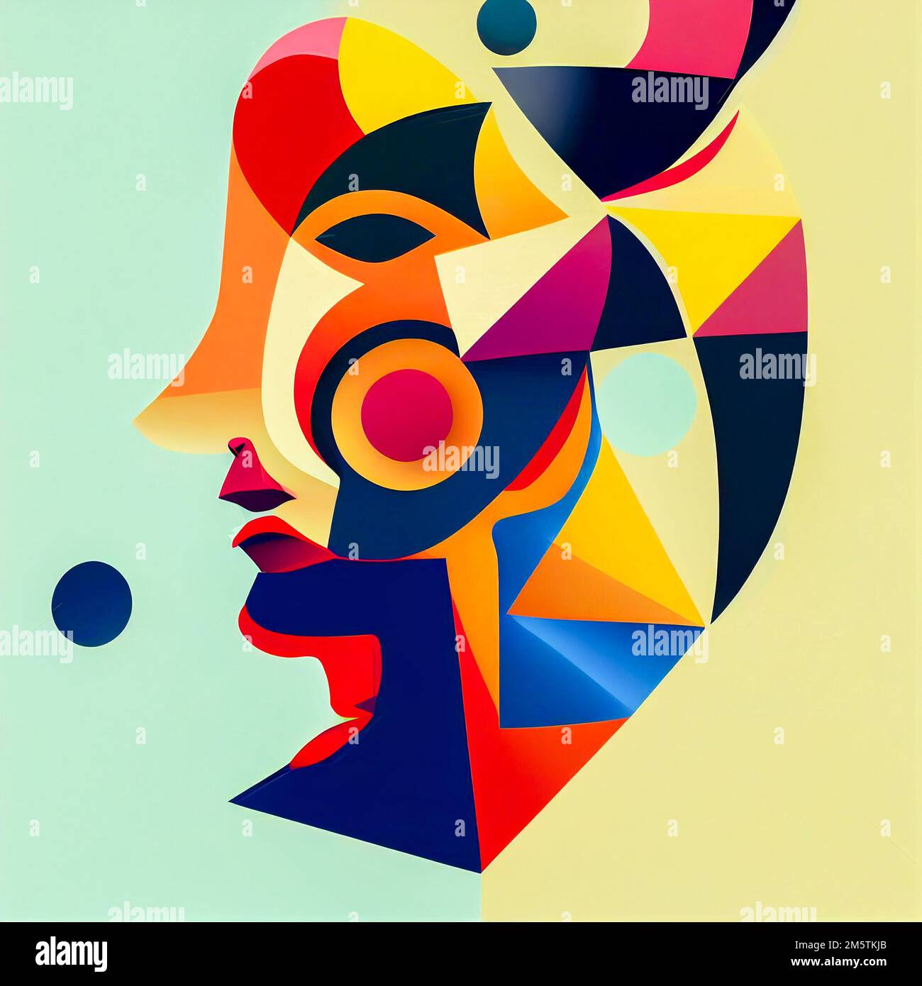 A cubism art style eclectic artwork of a face on a colorful background ...