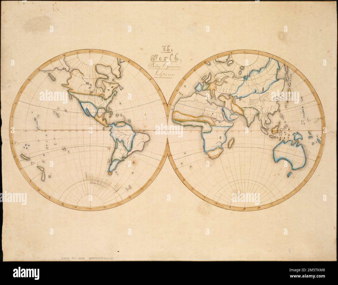 The world. Double-hemisphere manuscript map drawn by a student, dated ...