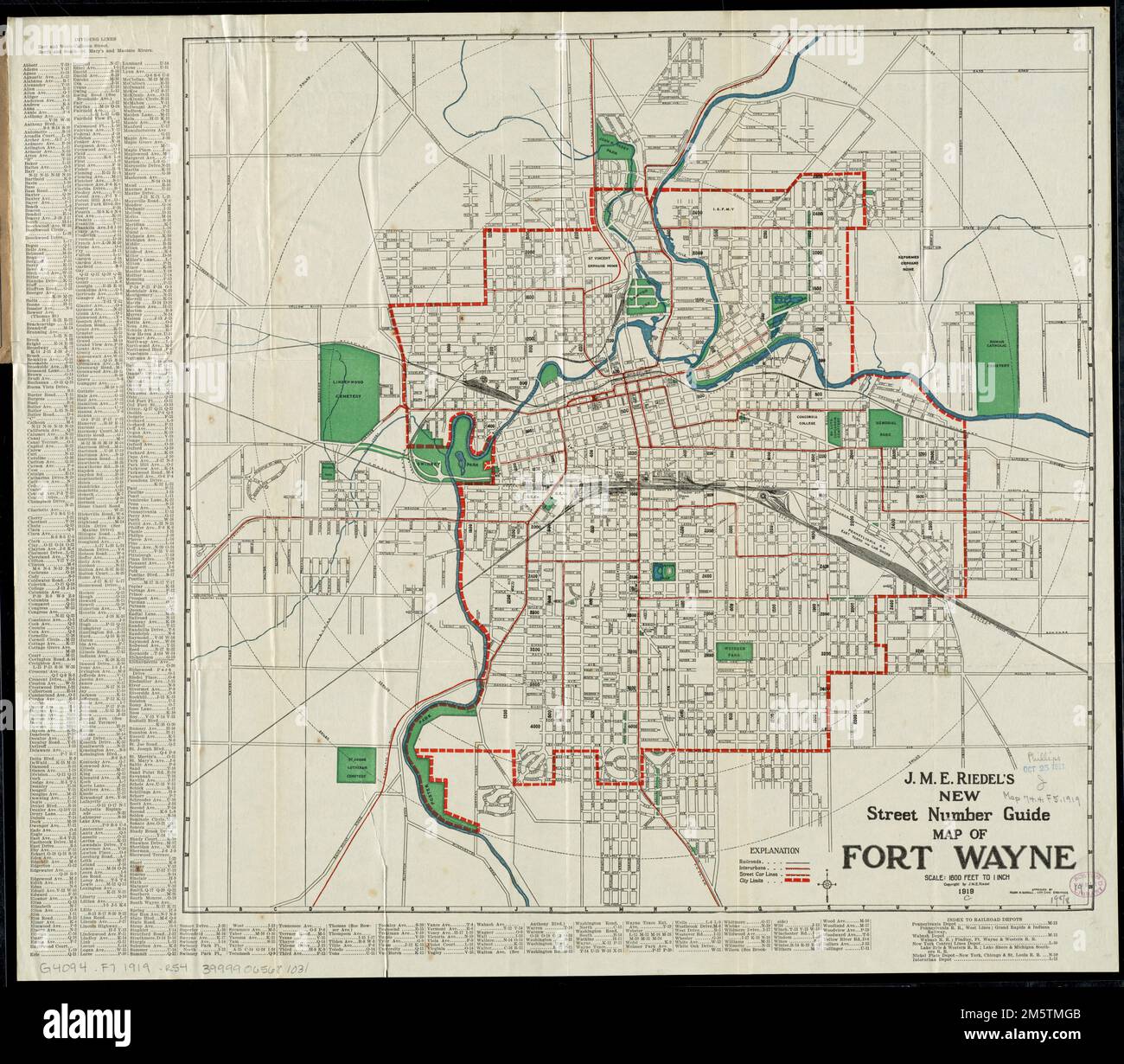 J.M.E. Riedel's new street number guide map of Fort Wayne. Approved by ...
