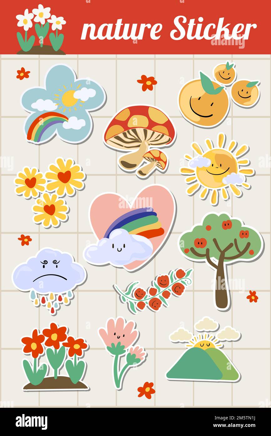 Cute natural doodle sticker set on a grid background vector Stock ...