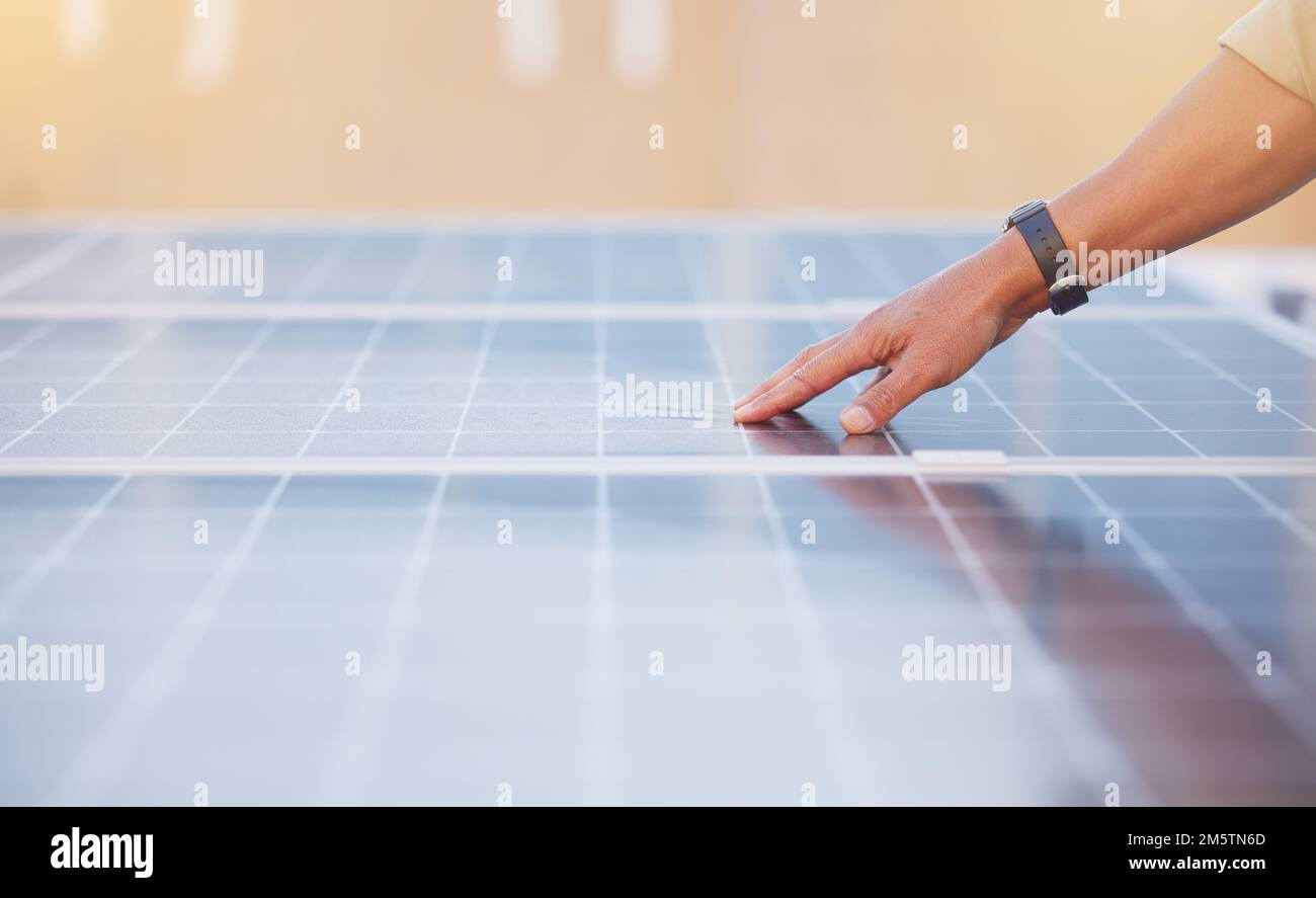 Solar energy, sustainability or hand on solar panels for quality ...