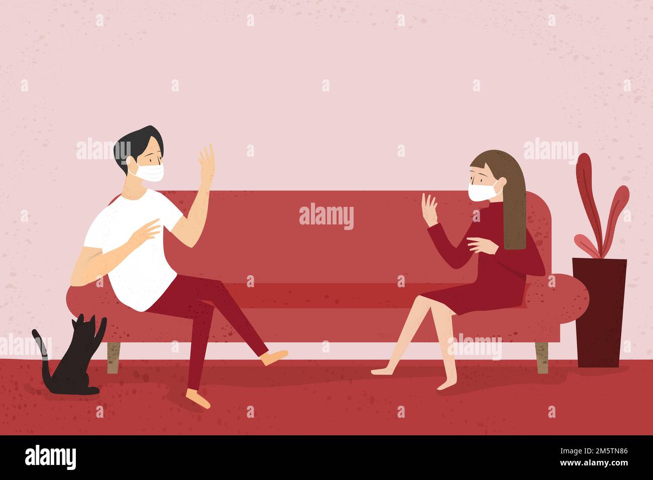 Couple wearing masks and keeping a physical distance in their own home ...
