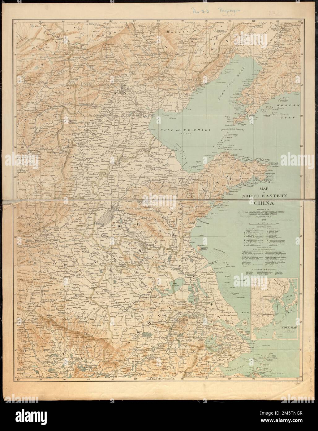 Map of north eastern China. Relief shown by shading and spot heights ...