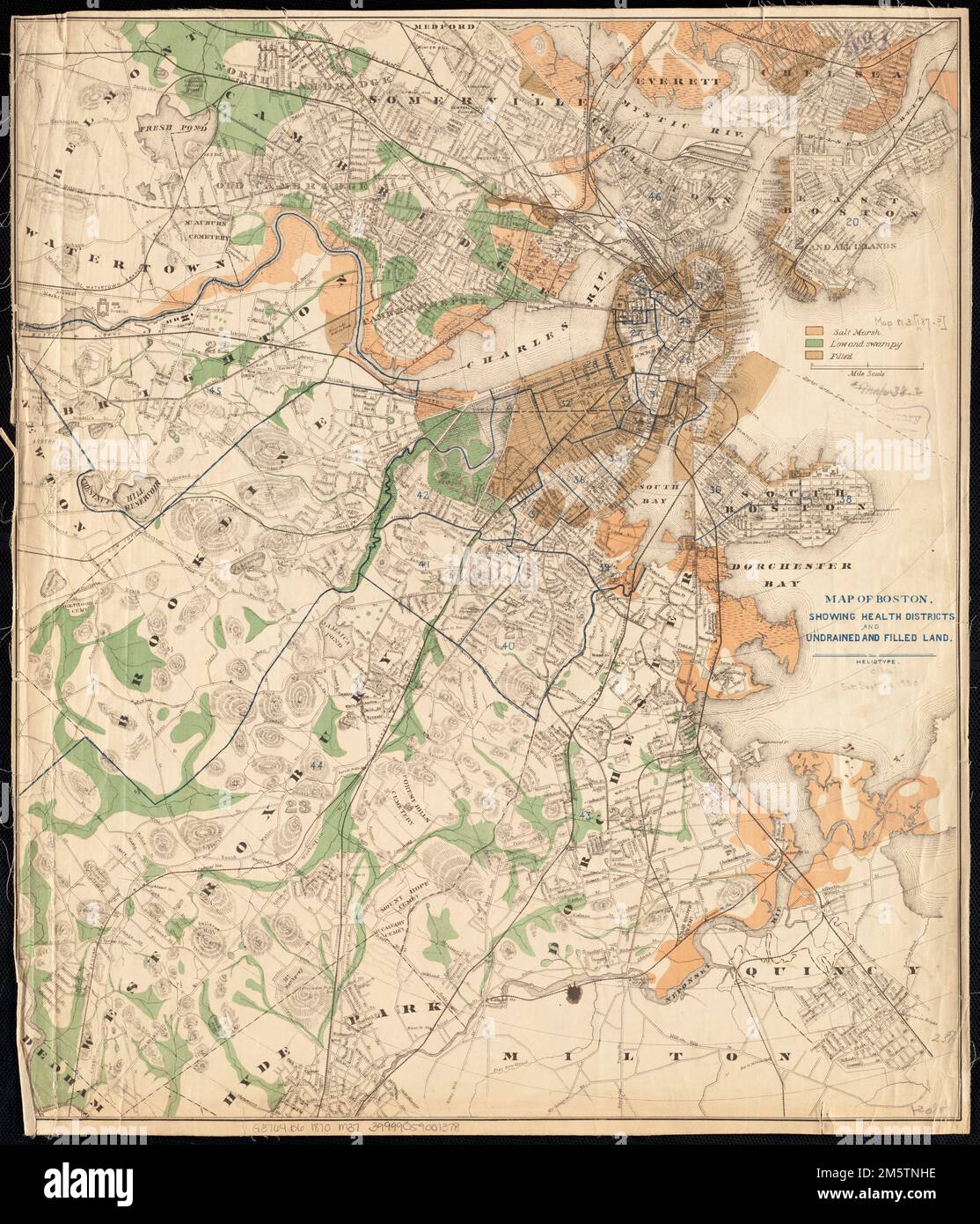 Map of Boston : showing health districts and undrained and filled land ...