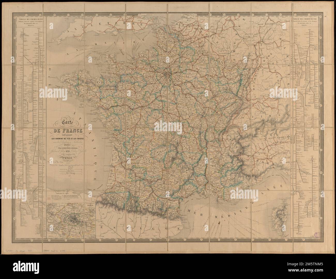 Carte de France indiquant les chemins de fer et les routes, avec les ...