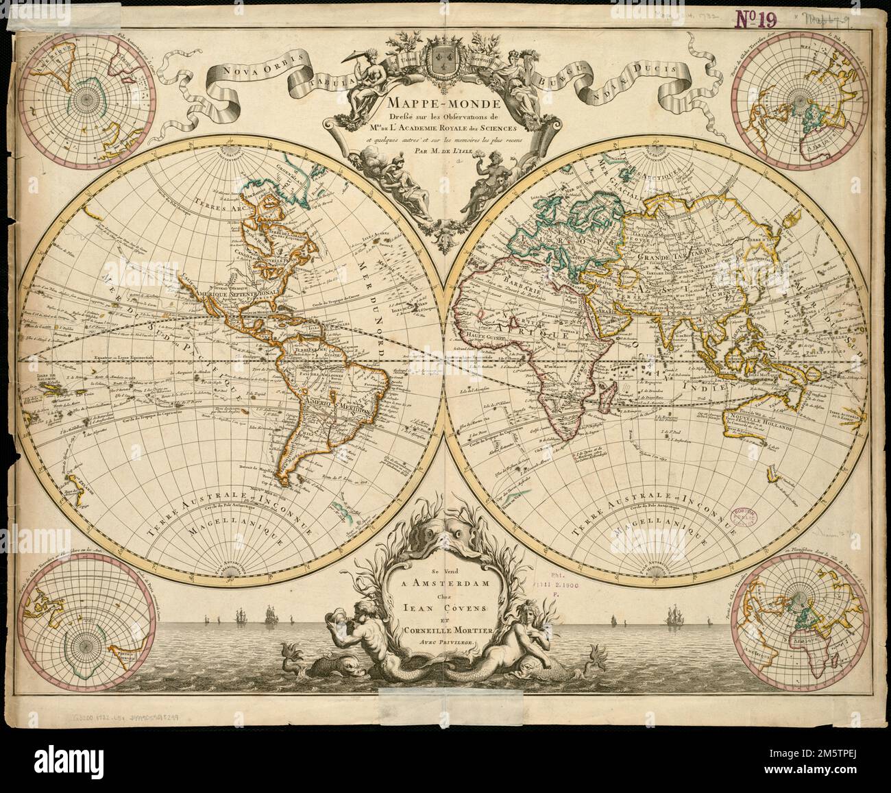 Mappe-monde. Double hemispherical world map showing routes of early ...