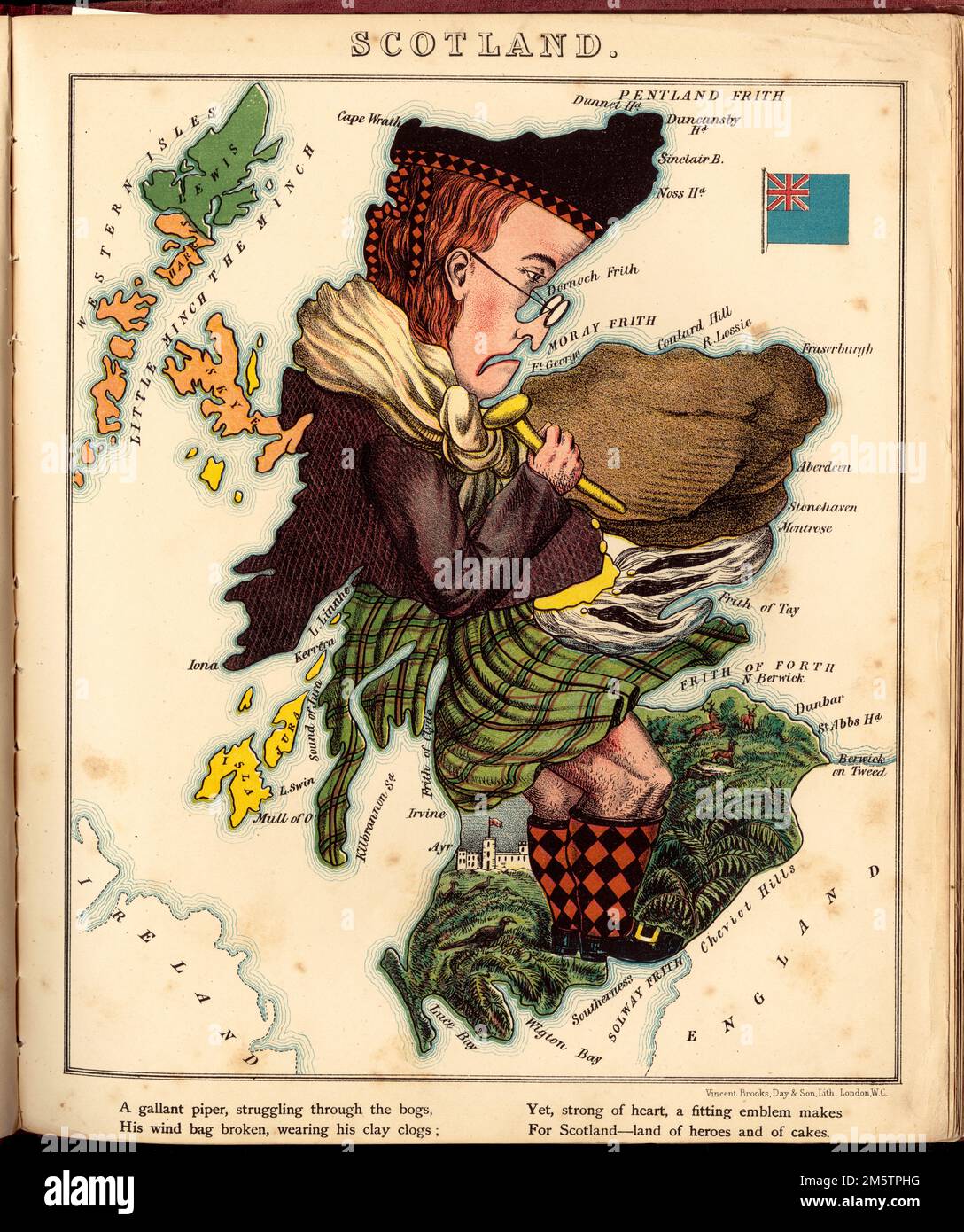 Scotland. Pictorial map depicting Scotland as a piper. Rhyme about the ...