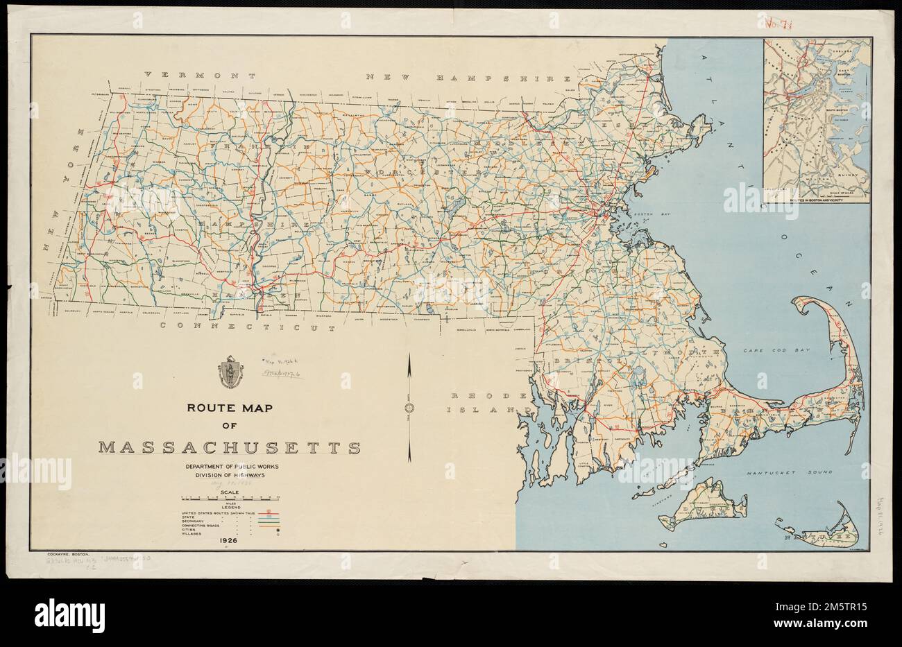 Route map of Massachusetts. Includes inset of "Routes in Boston and ...