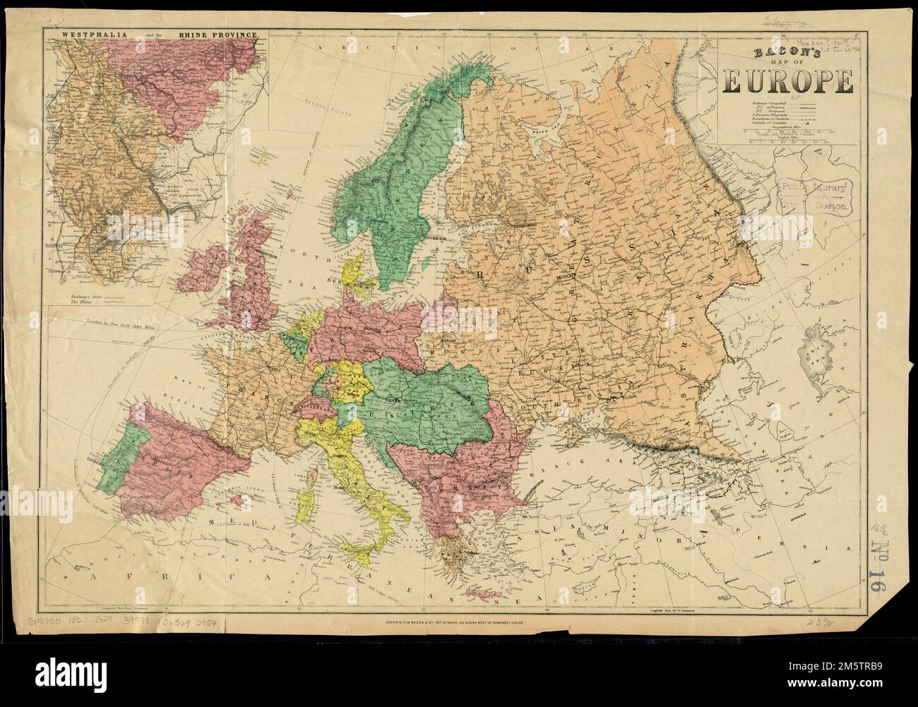 Bacon's map of Europe. Relief shown by hachures. Inset: Westphalia and ...