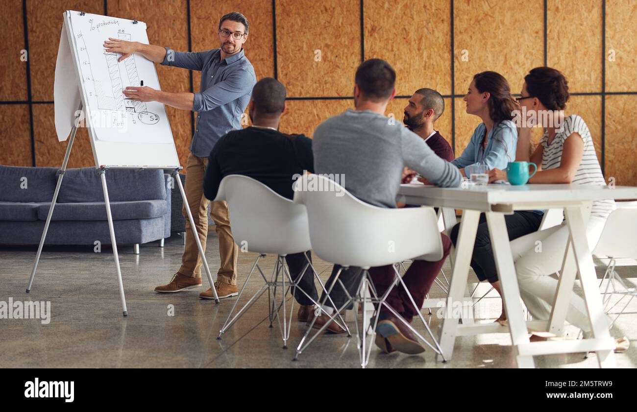 The creative process. a mature man giving a whiteboard presentation to ...