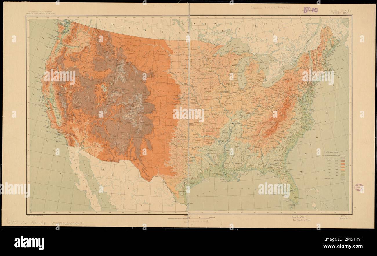 United States relief map. Relief shown by contours and gradient tints ...
