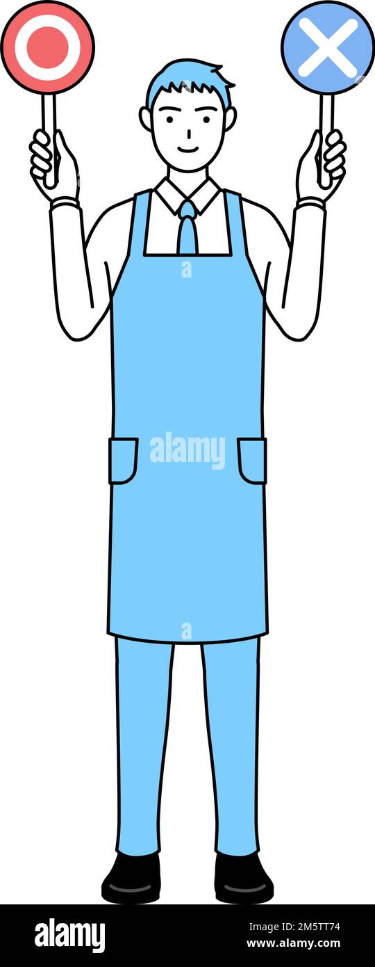 A man in an apron holding a stick indicating correct and incorrect ...