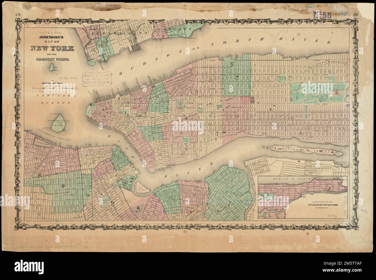Johnson's map of New York and the adjacent cities. Shows street names ...