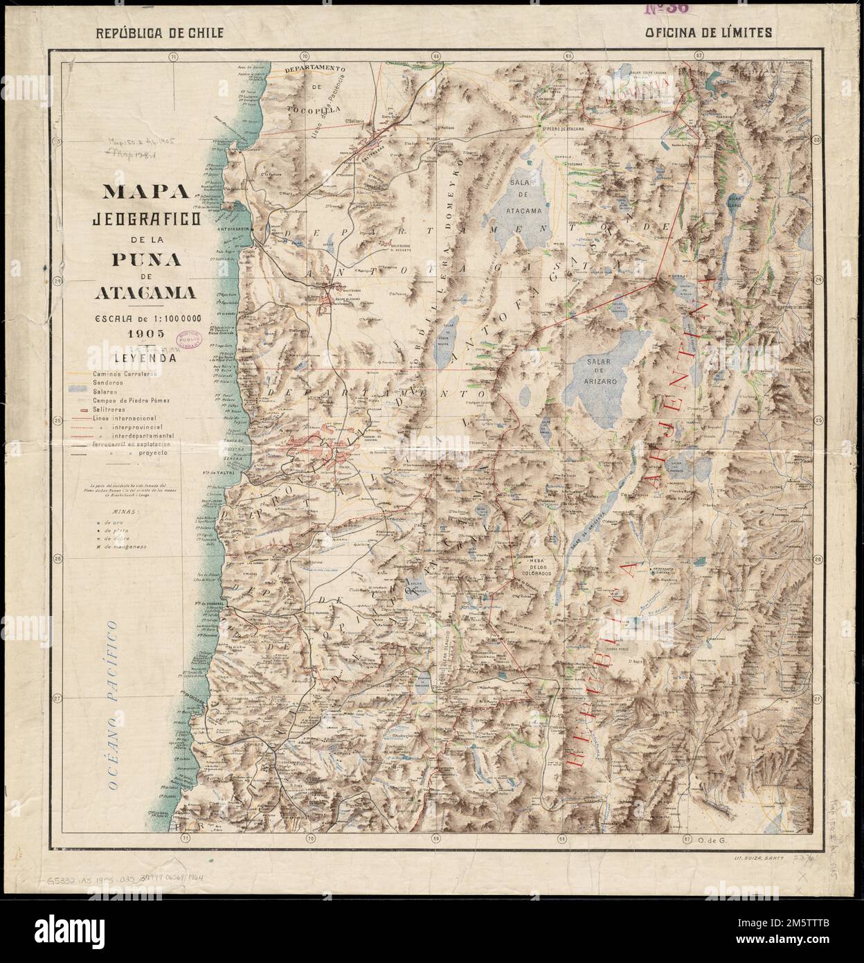 Mapa jeografico de la Puna de Atacama. Shows roads, railroads, mines ...