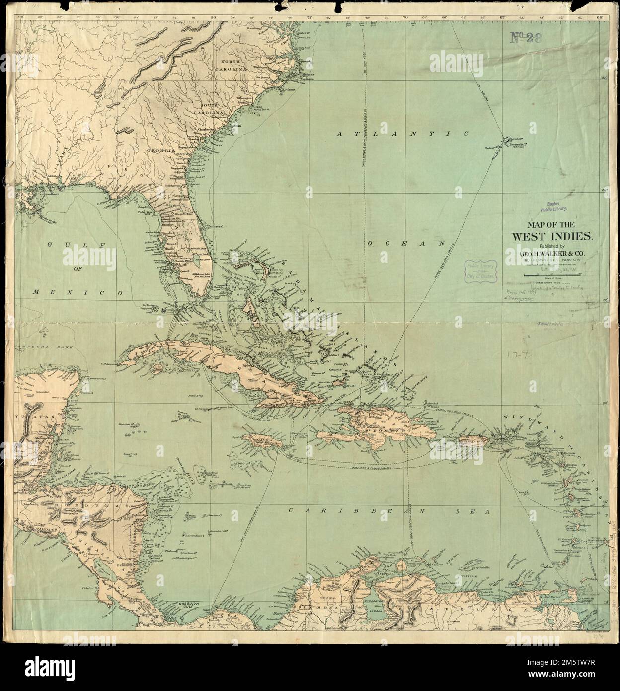 Map of the West Indies. Relief shown by hachures and spot heights ...