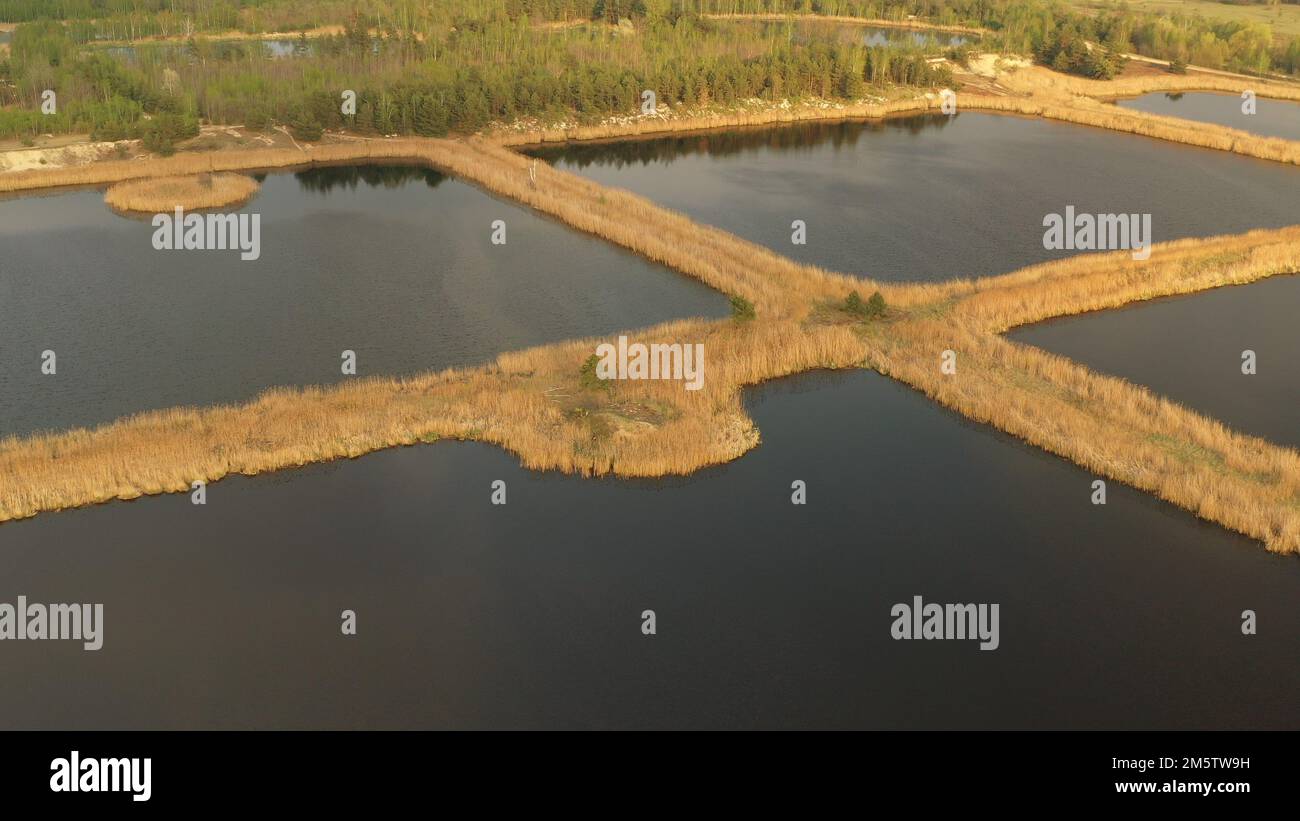 4K Cinematic Calm Flight Above Aerial View Retention Basins, Wet Pond ...