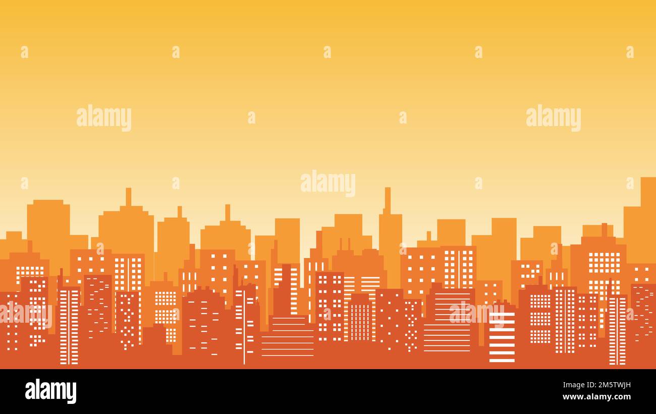 City background with many apartment buildings with orange cloud view ...