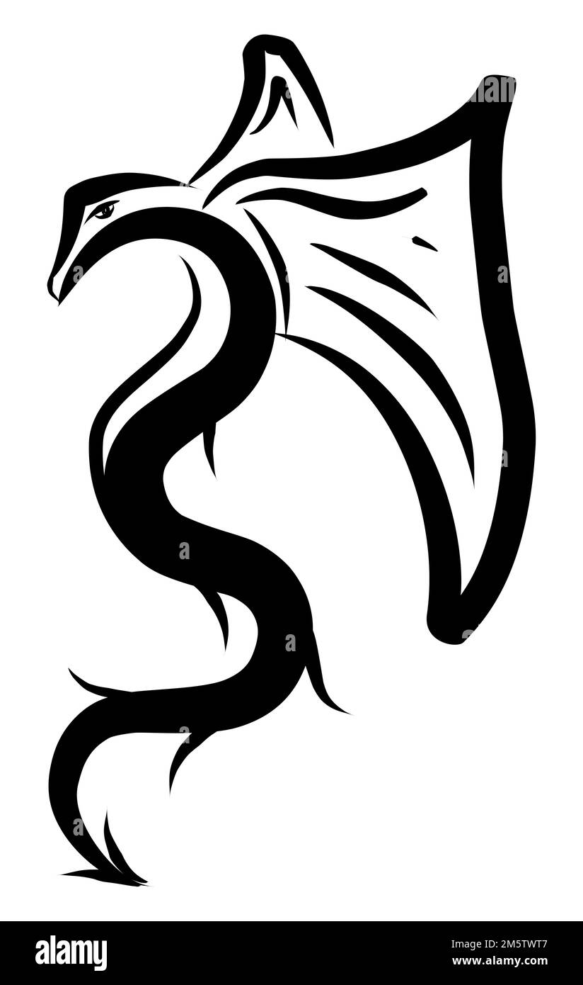 Swirl calligraphy dragon character with wings. Chinese symbol, tatto ...