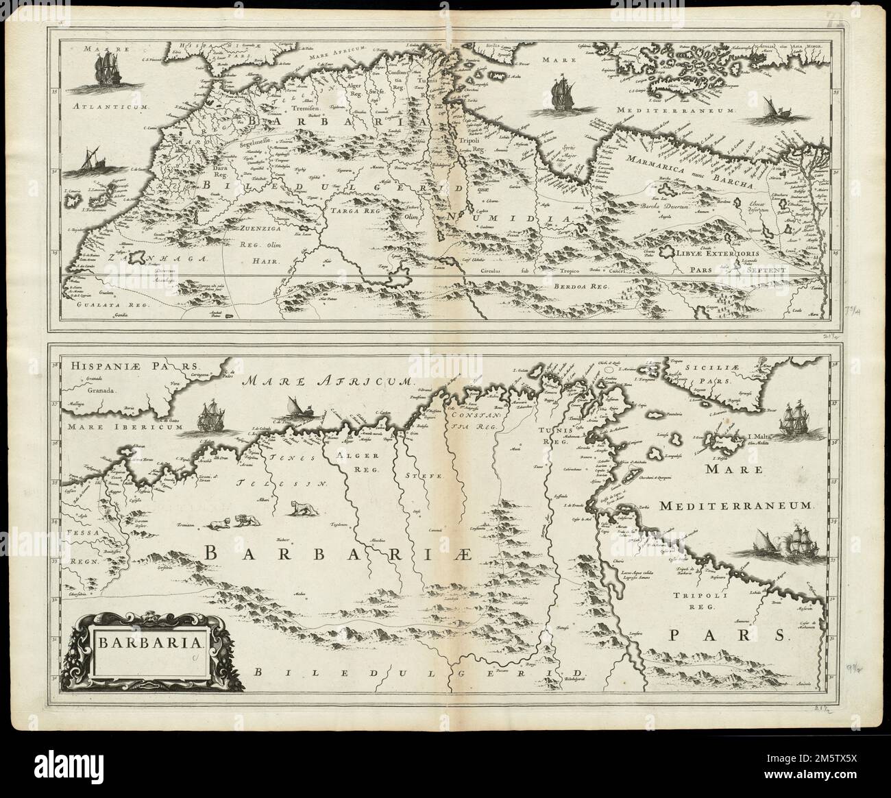 Barbaria. Relief shown pictorially. Ferro meridian. From Bleau's Atlas ...