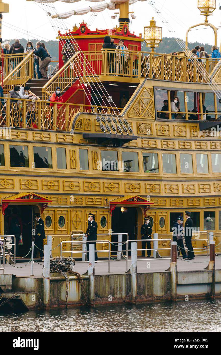 Tourists getting on the pirate ship ride at Hakone Lake Stock Photo - Alamy