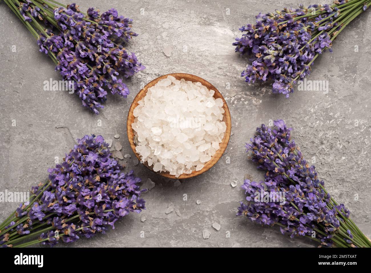 lavender, salt on a wooden bowl, hygiene items for bath and spa ...