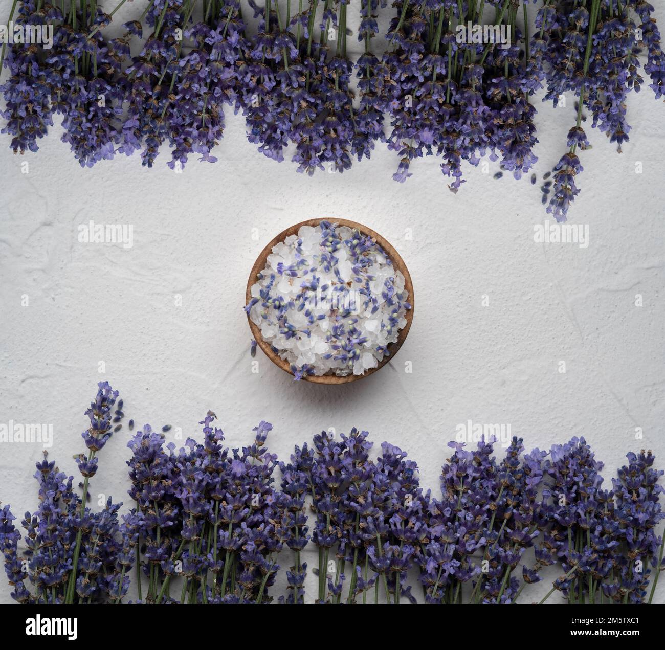 Natural soap, lavender, salt on white concrete background, hygiene ...