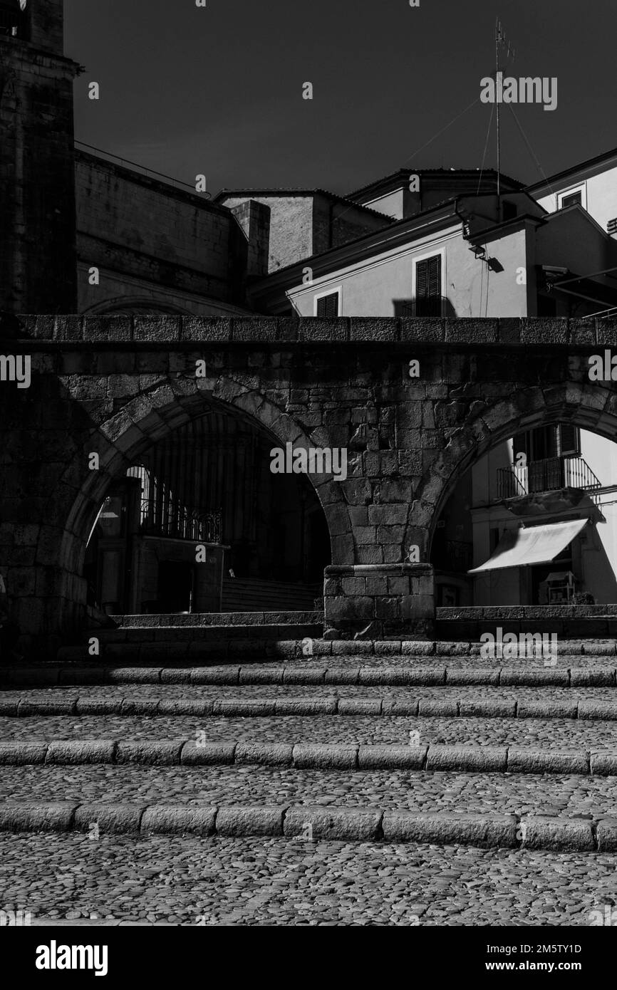 A vertical greyscale of an old Roman water aqueduct bridge in a ...