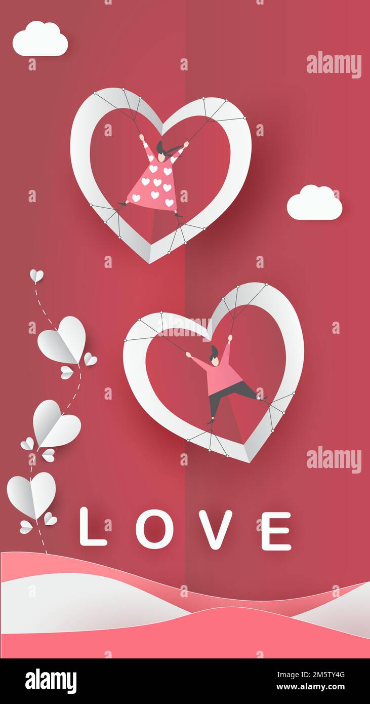 cute love paper art valentine day. with lovely valentine boy and girl ...