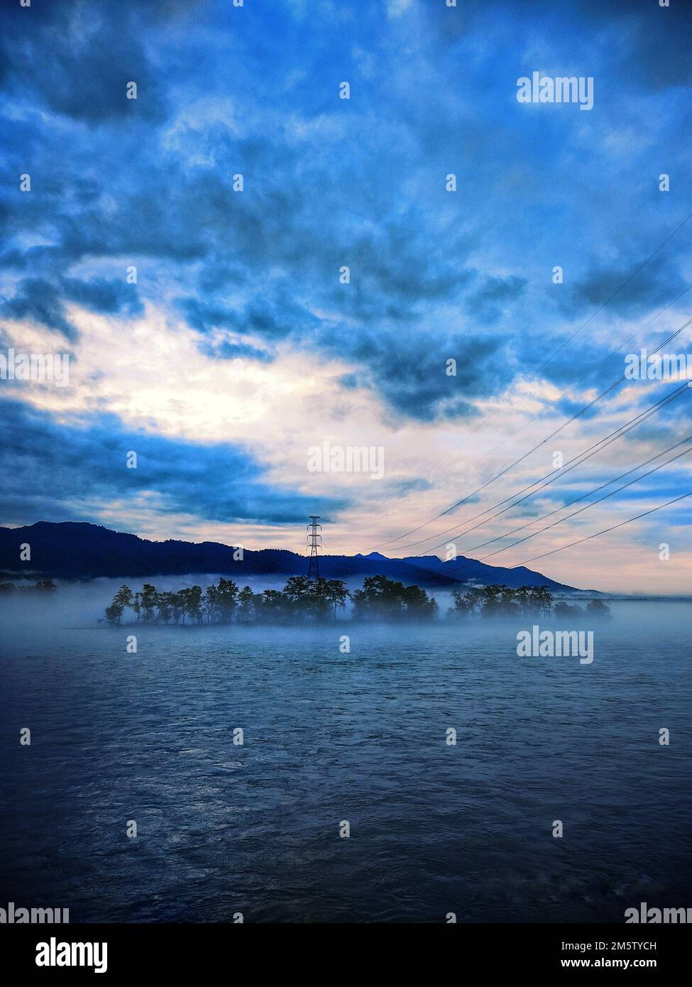A vertical shot of a blue cloudy sky over the sea and trees covered in ...