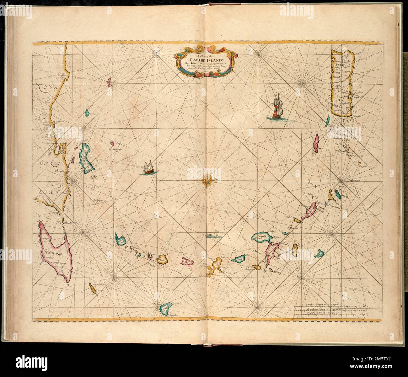 A chart of the Caribe islands. Oriented with north to the right. Map of ...