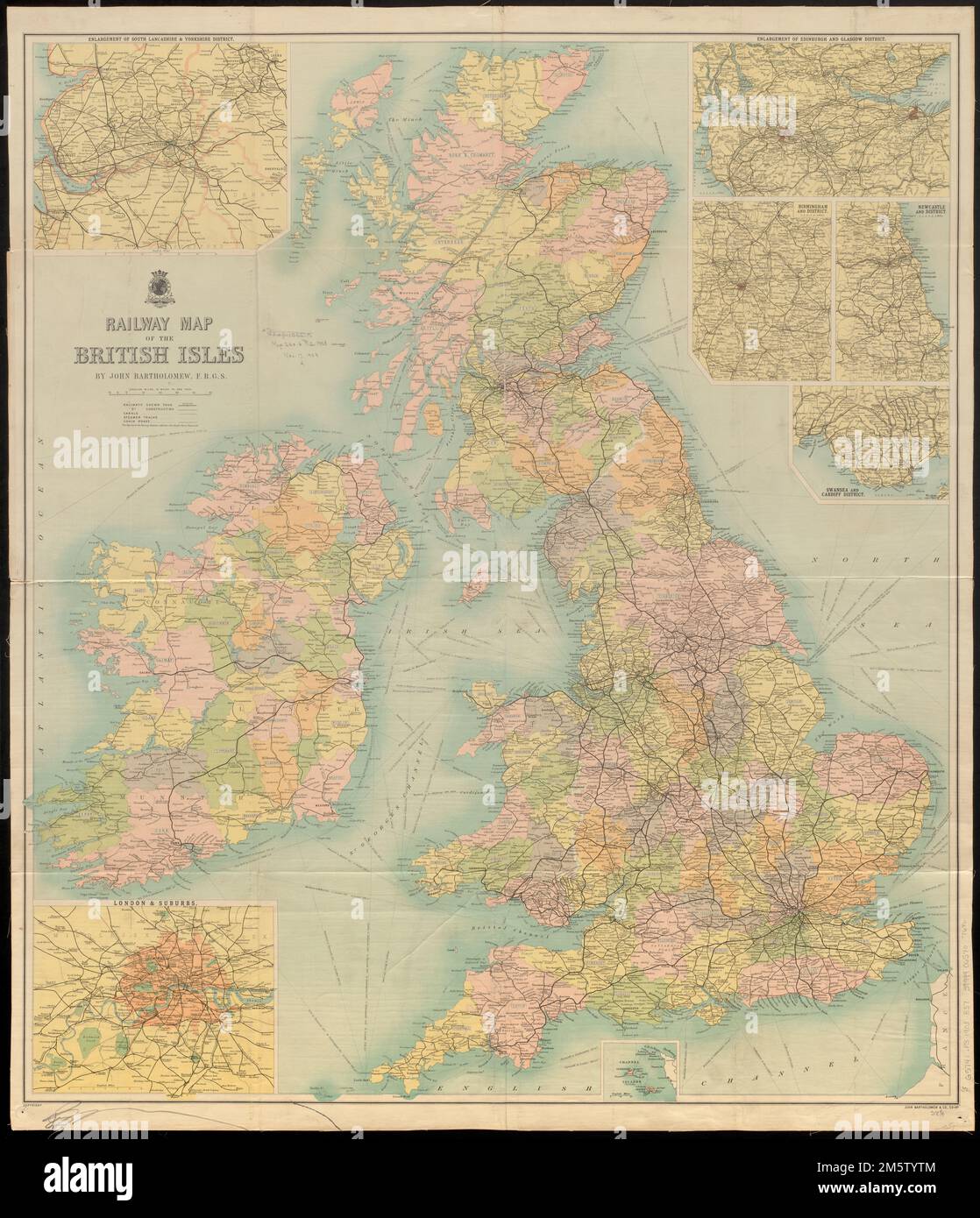 Railway map of the British Isles. Shows railways and stations, canals ...