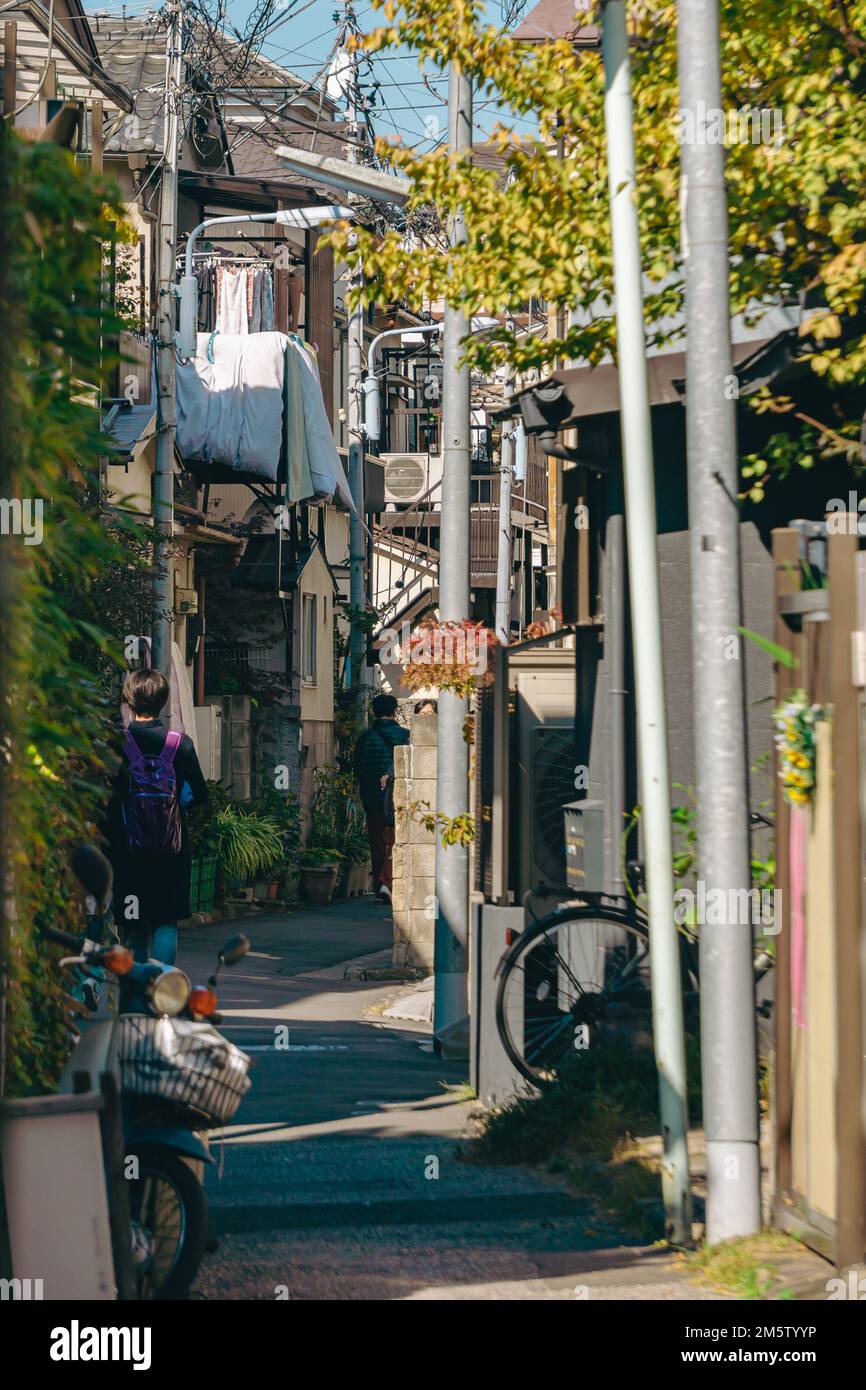 A typical narrow alleyway of Tokyo's downtown residential district ...
