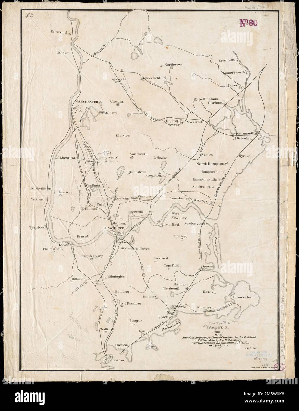 Map showing the proposed line of the Manchester Rail Road as petitioned ...