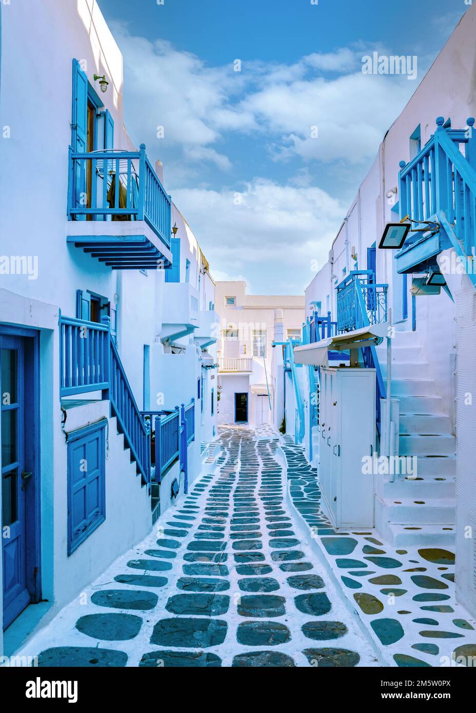 Mykonos Greece, colorful streets of the old town of Mykonos ...