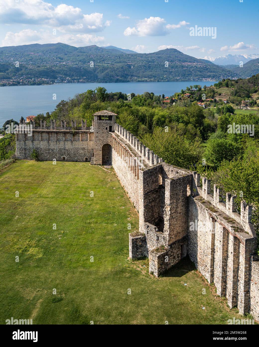 An aerial view of Rocca di Angera with the walls of the castle in ...